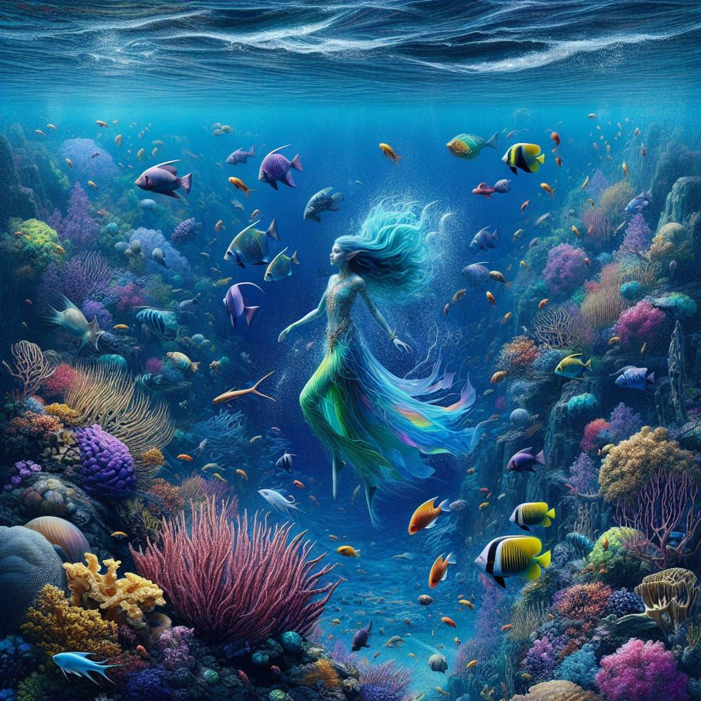 Hyper-realistic beautiful sea elf female with webbed fingers and toes ...