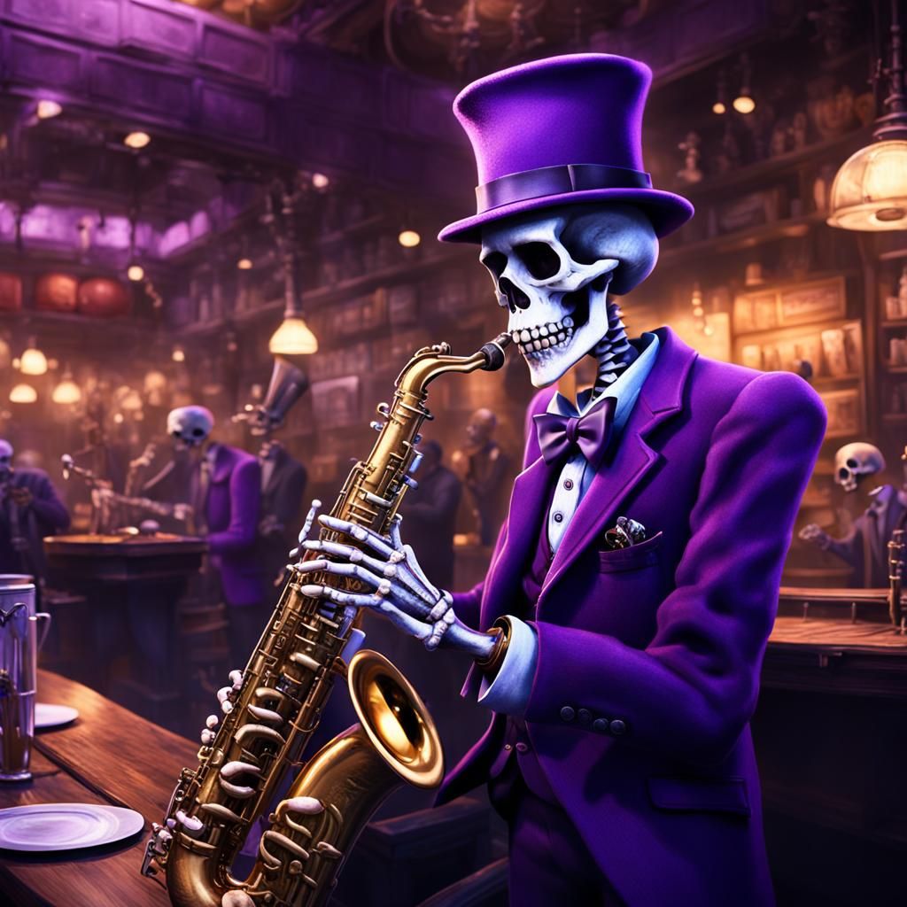 Skeleton playing a saxophone. - AI Generated Artwork - NightCafe Creator