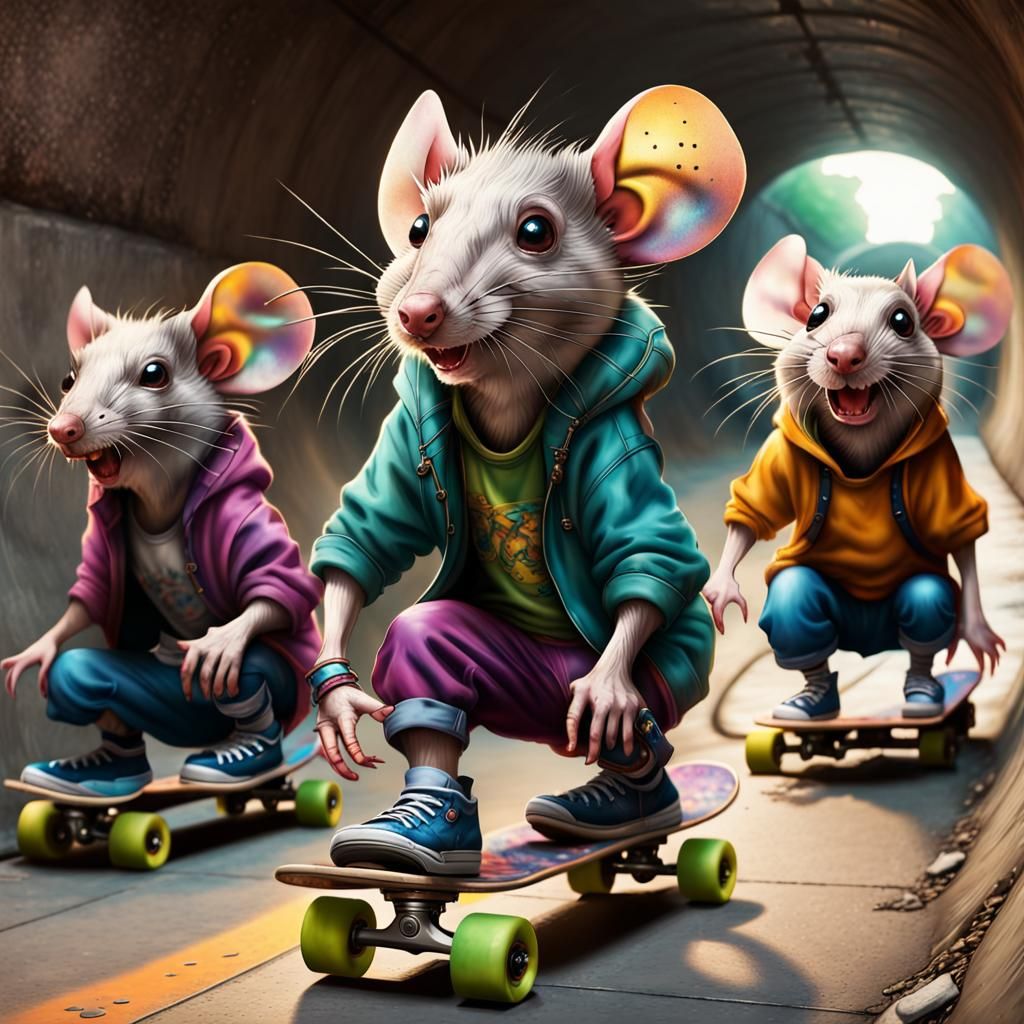 Colorfully dressed rats on skateboards and roller blades in the sewer ...