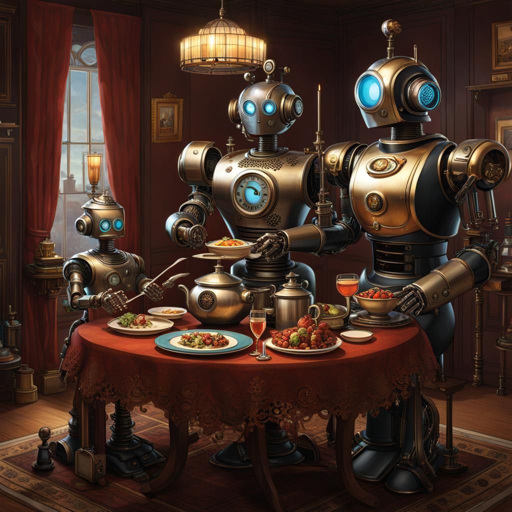 Steampunk robot butlers serving dinner - AI Generated Artwork ...