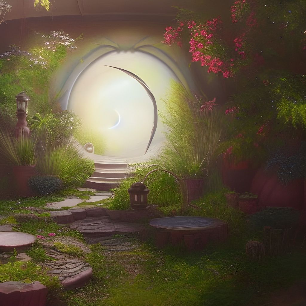 beautifully strange rendering of liminal yard full happy serenity, lots ...