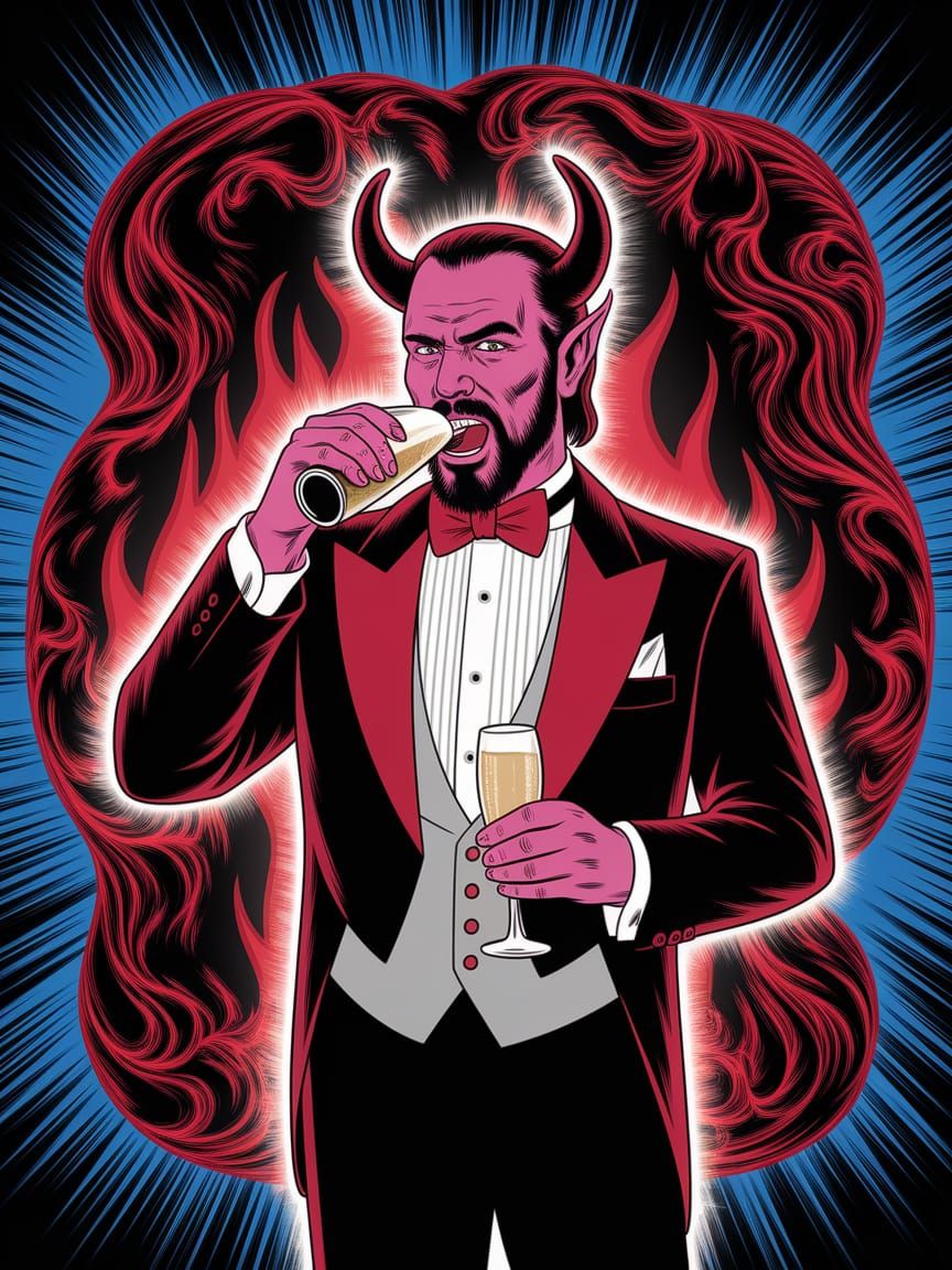 Sci-fi horror:"Chaos unveiling. (Satan) present,dressed in electric crimson+ash tuxedo,drinking ...
