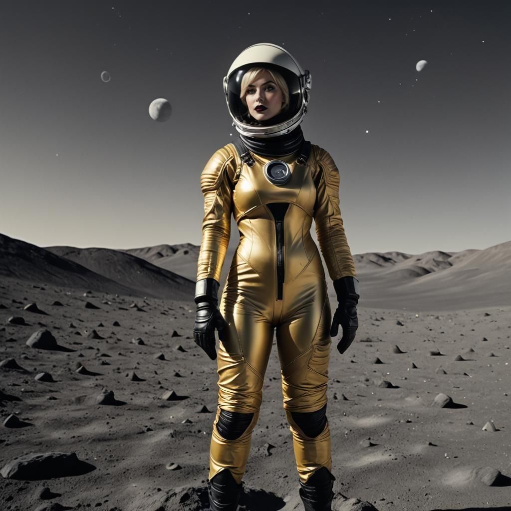 053 A beautiful female astronaut wearing a yellow/golden spacesuit on ...
