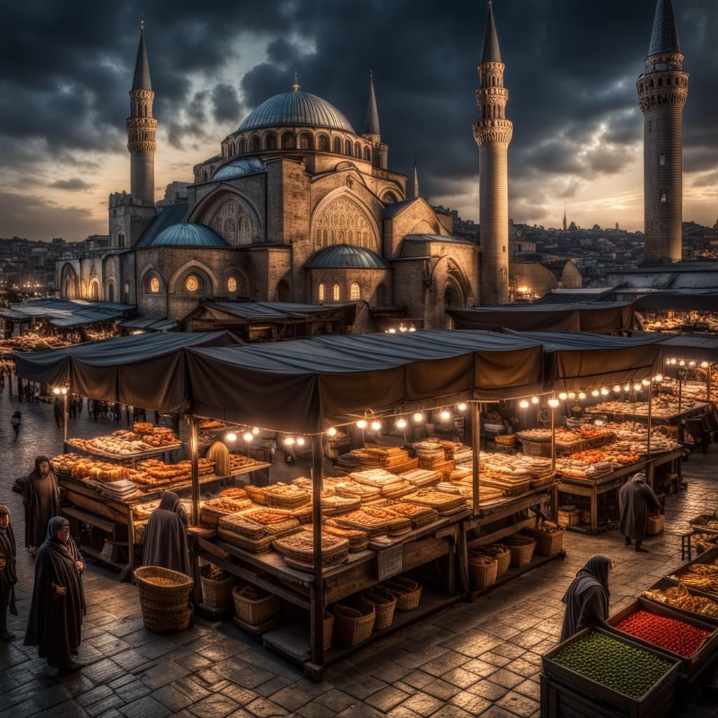 Medieval Constantinople, 800s, City, market, nightime - AI Generated ...