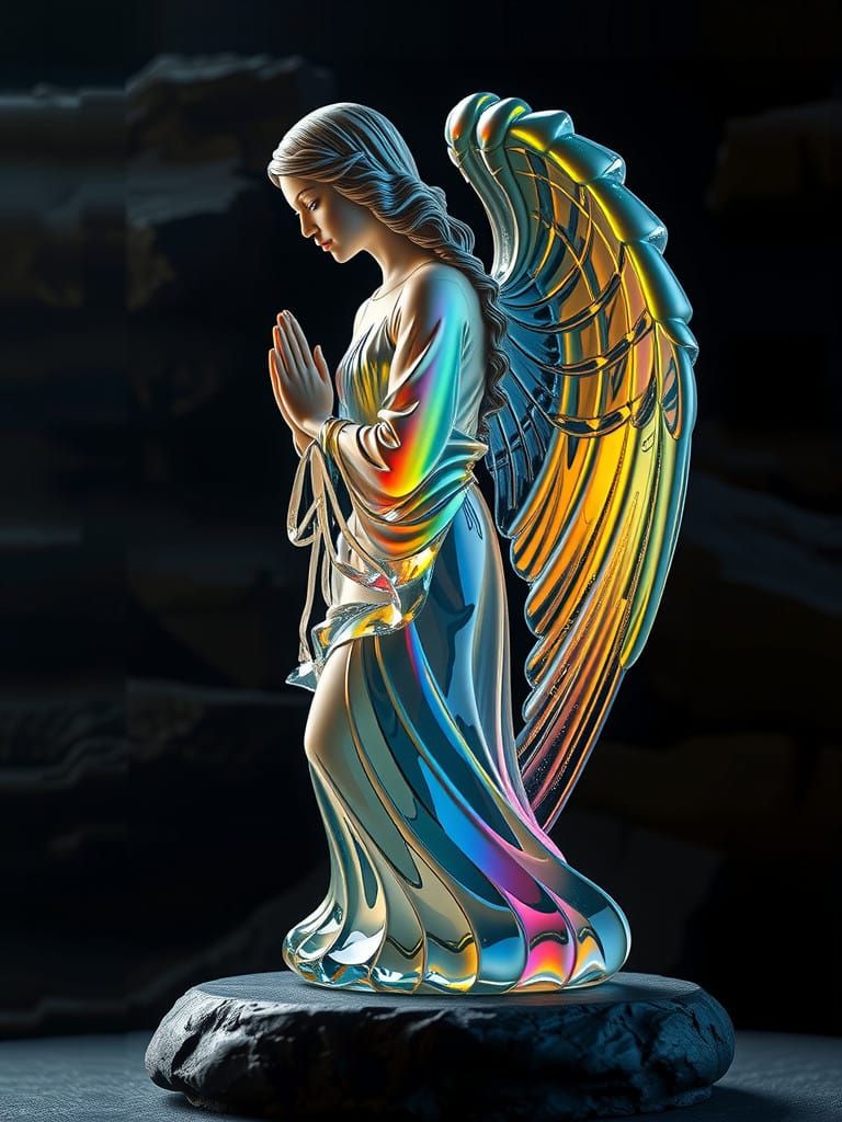 side view from top to bottom. A delicate and transparent glass statue ...