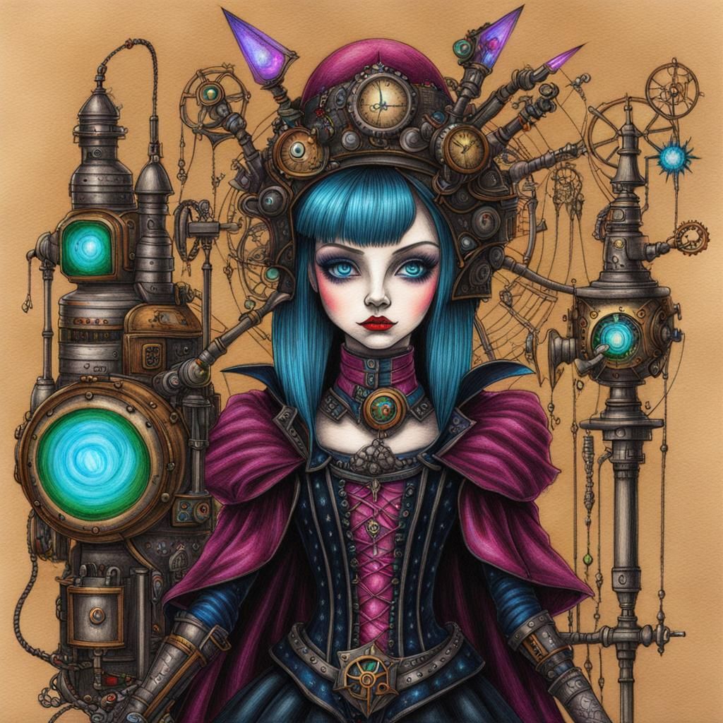 Kids drawing of goth steampunk cyberfairy godmother bot colored pencil ...