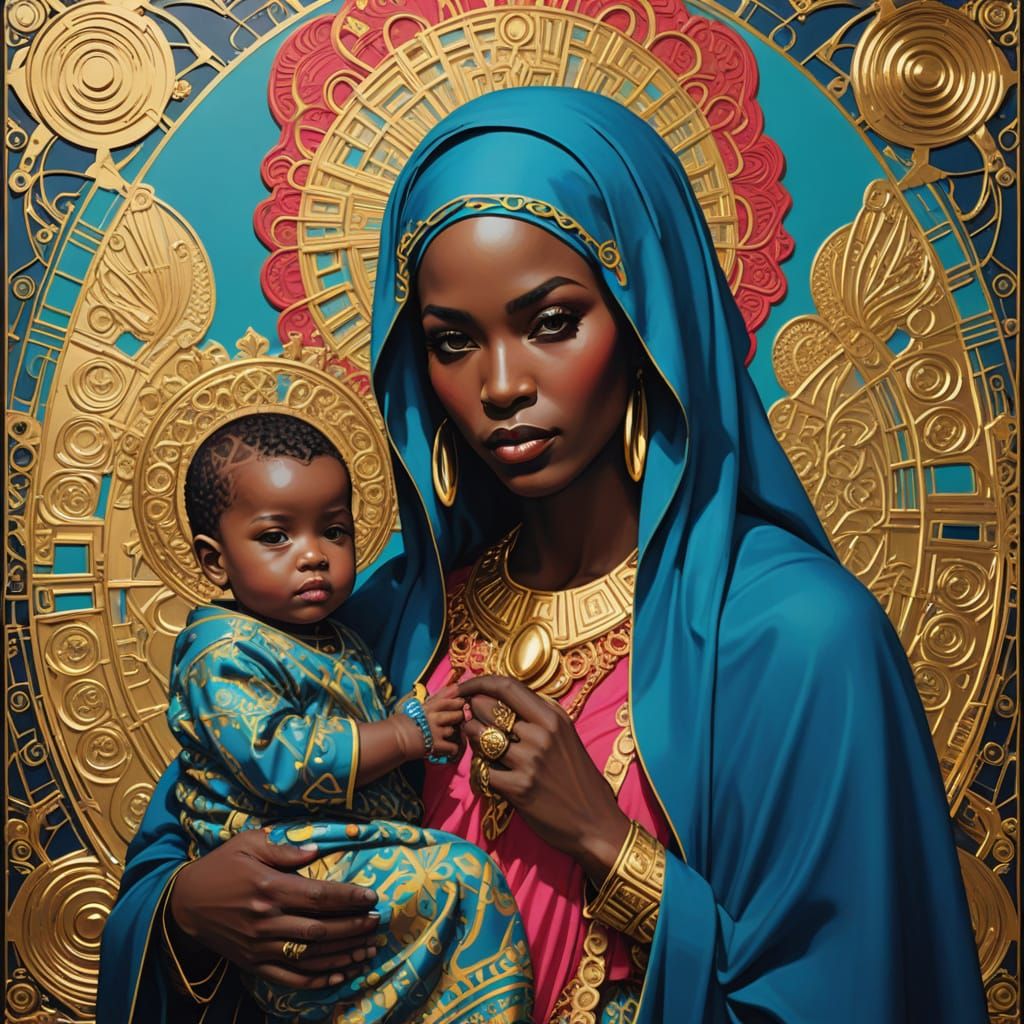 Confident Black Afri Virgin Mary in Bold Pop Art S... - AI Art