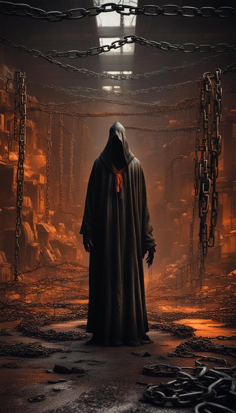 dark grim reaper figure in tattered chains and ripped orange robe ...