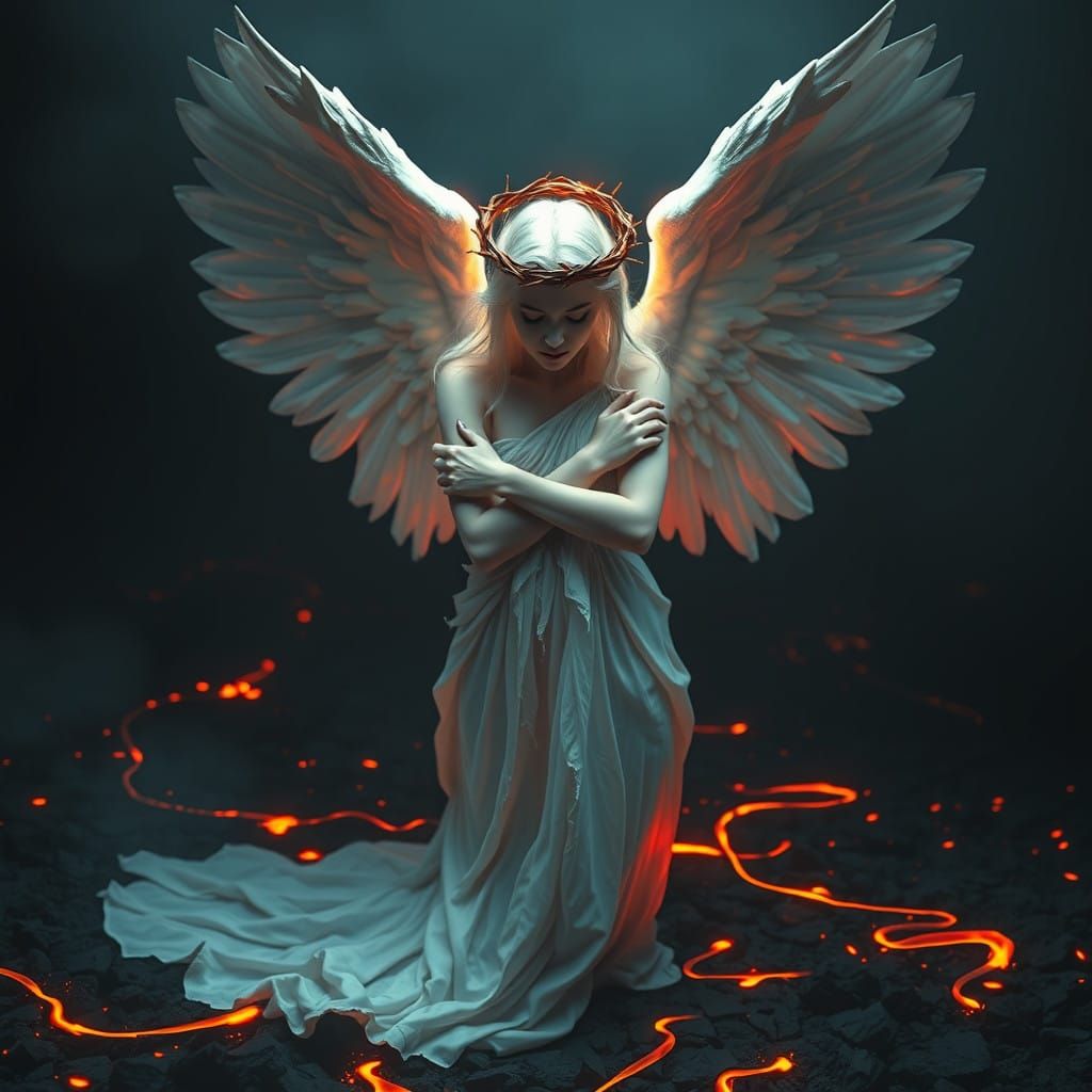 Angel - Hyperrealistic Fallen Angel in Desolate Shadows