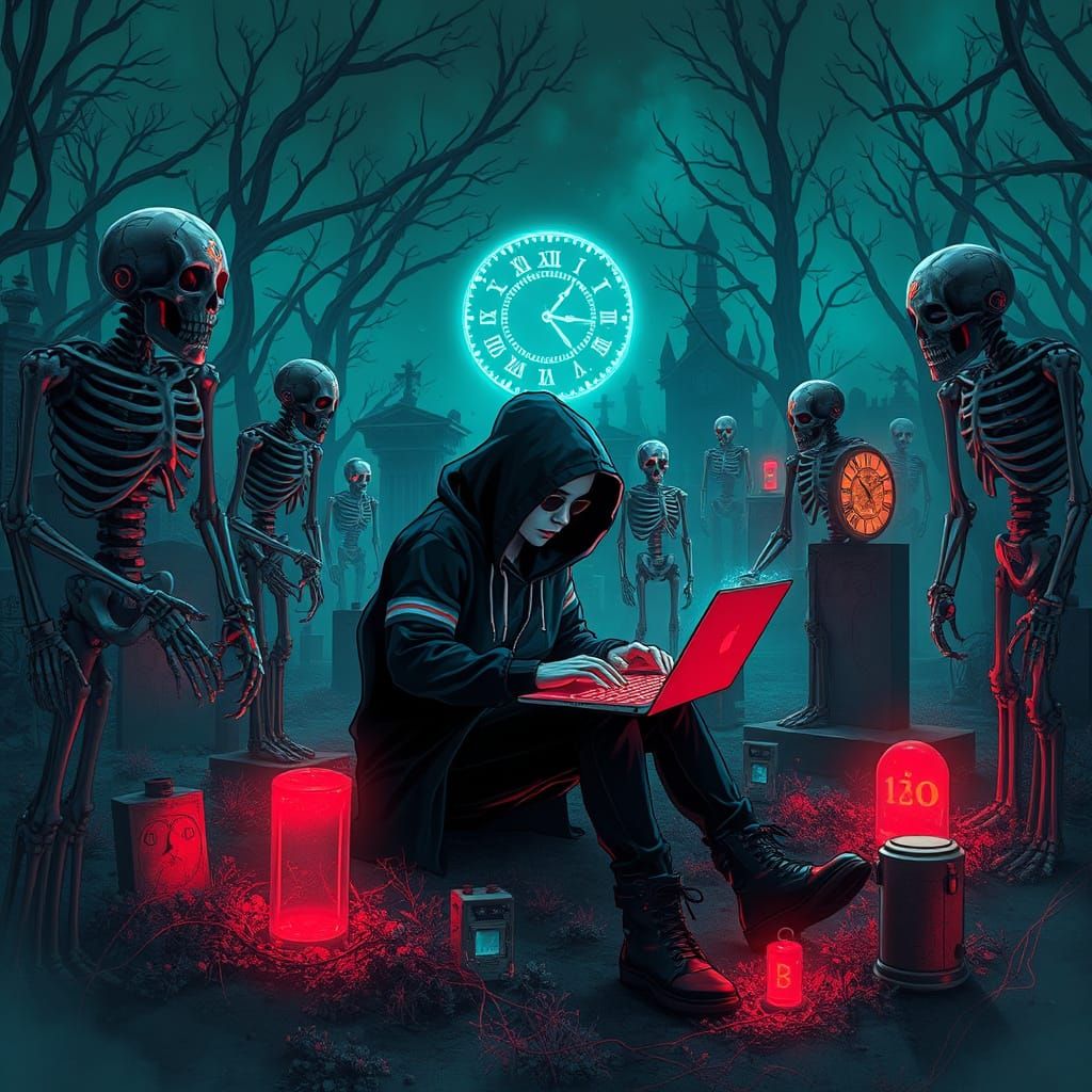 Gothic Cyberpunk Hacker in Clockwork Graveyard - AI Art