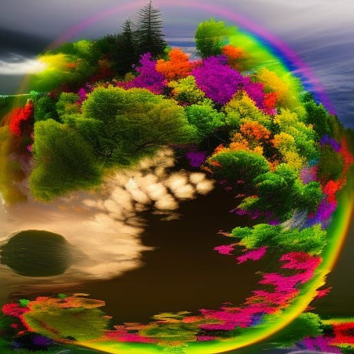 Rainbow surrounding earth, clouds, and flora, lake, tree, abstract ...