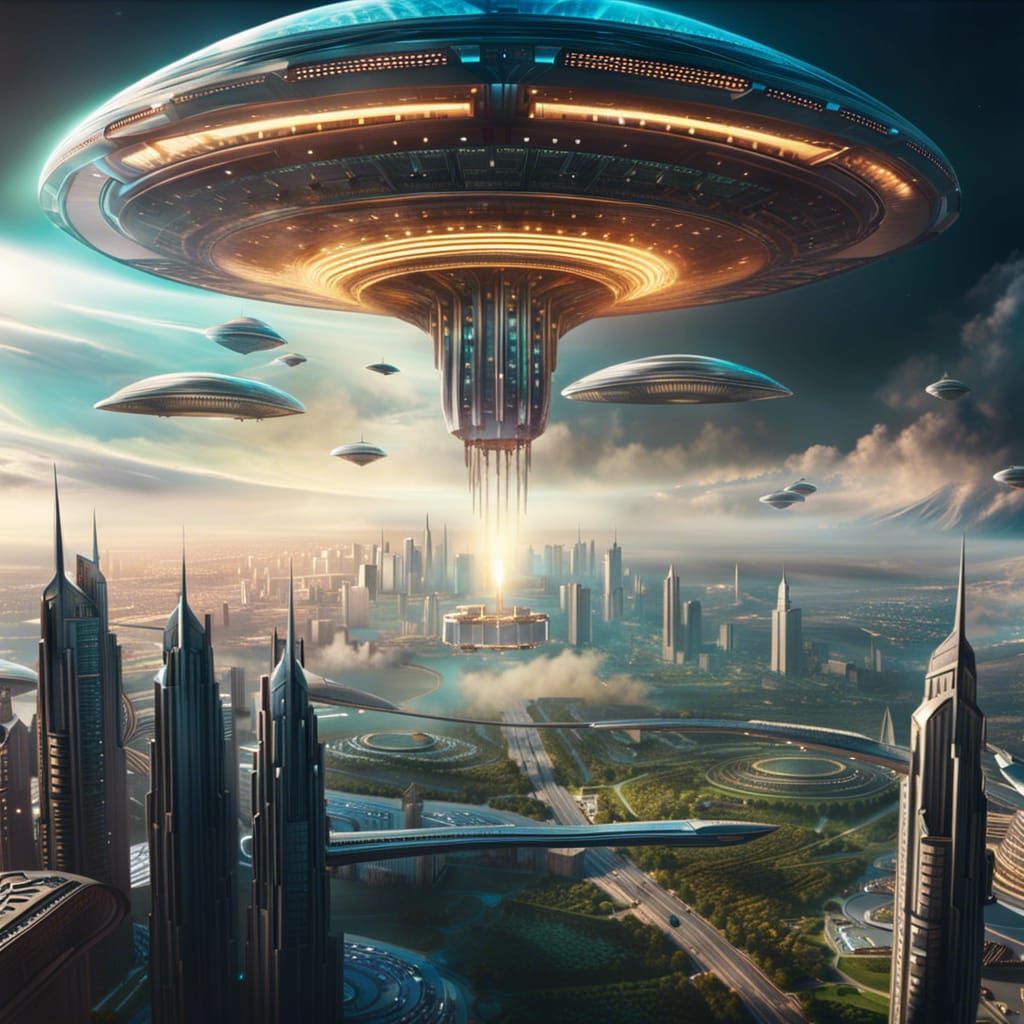 a gargantuan alien mothership, hovering high above a dystopian city ...