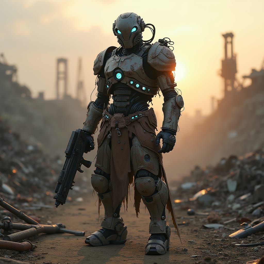 Robot Bounty Hunter in Post-Apocalyptic Junkyard - AI Art