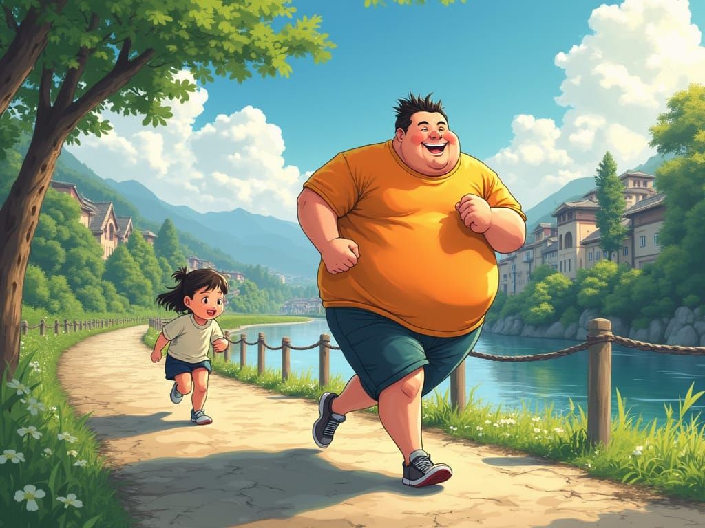 Joyful Rotund Man Jogs Through Peaceful Japanese T... - AI Art