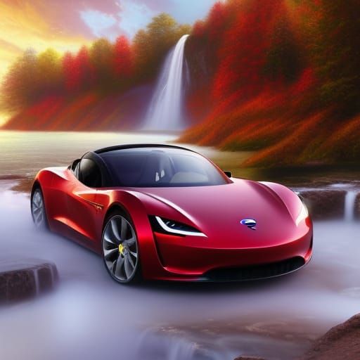 VERY DETAILED RED TESLA ROADSTER FANTASTIC BEAUTIFUL WATERFALL SCENIC ...