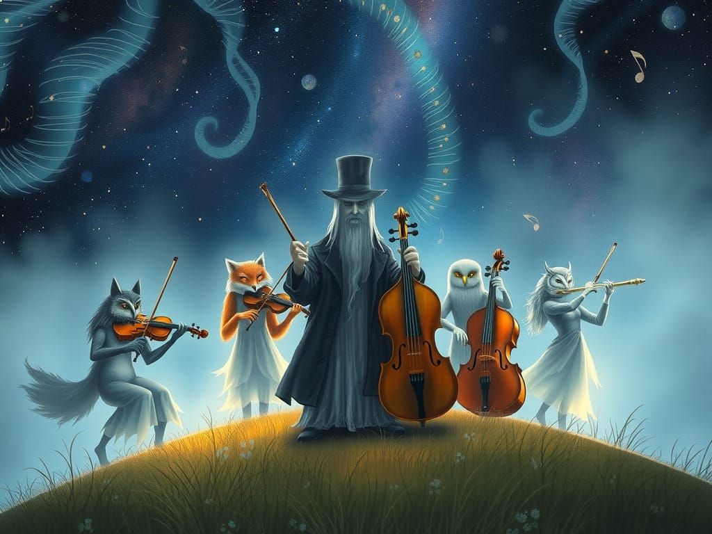 Ghost Conductor Leads Whimsical Orchestra in Ether... - AI Art