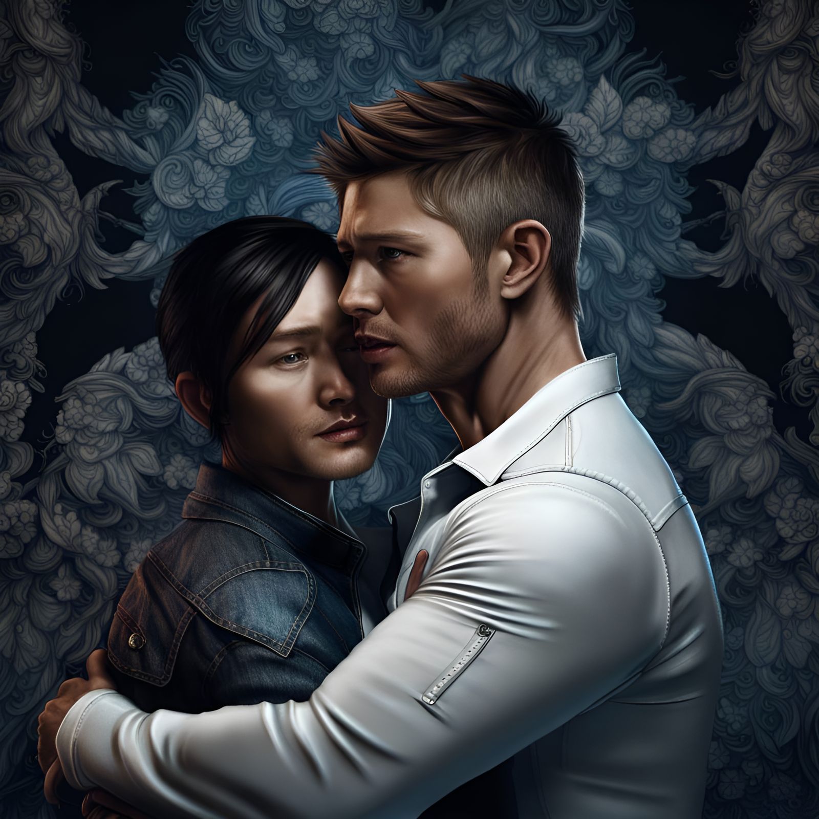 Tender hug between male lovers. - AI Generated Artwork - NightCafe Creator