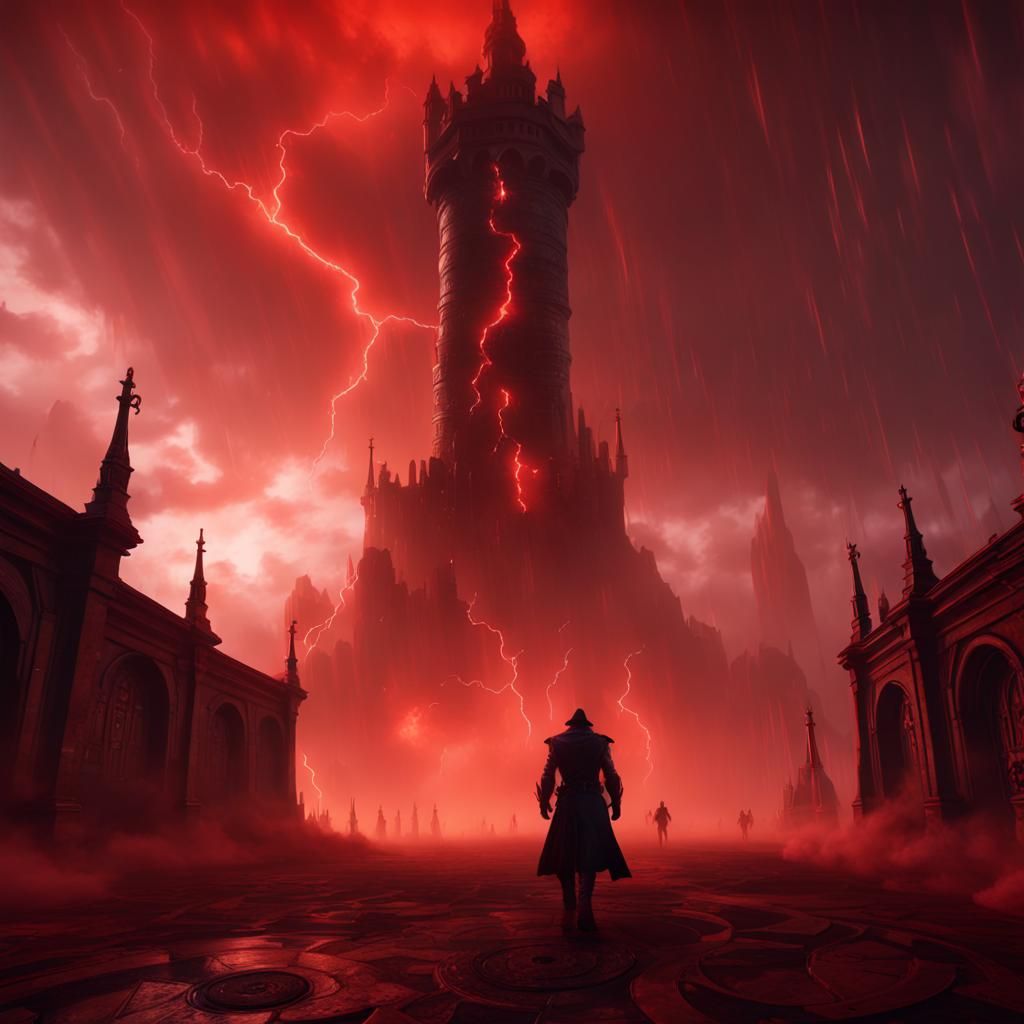 misty shadowy figure walking through swirly red mist, red thunder ...