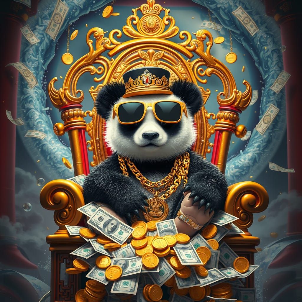 Luxurious Baby Panda on Bamboo Throne Amidst Cash ... - AI Art