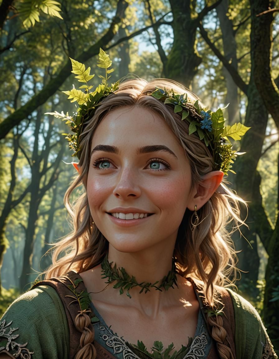 3D animation realism portrait of a smiling elve woman on a sunny day in ...