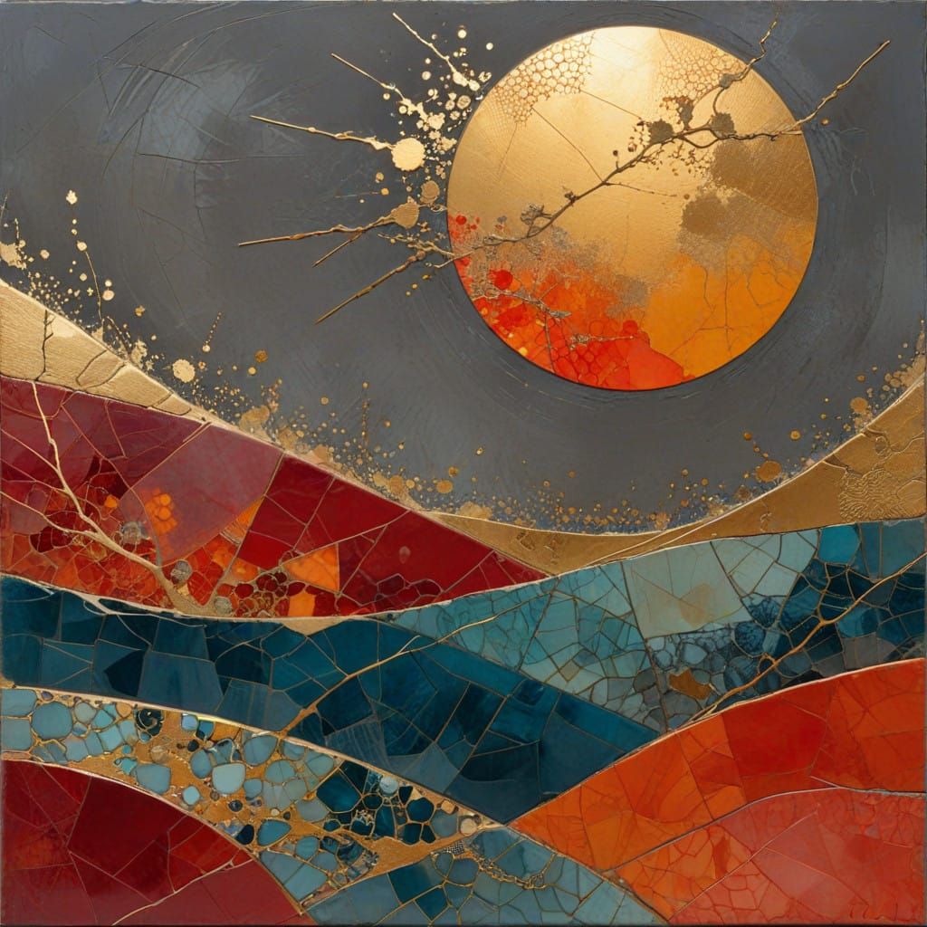 Ocean Sunset - Impasto Ocean Sunset with Kintsugi Mosaic Des...