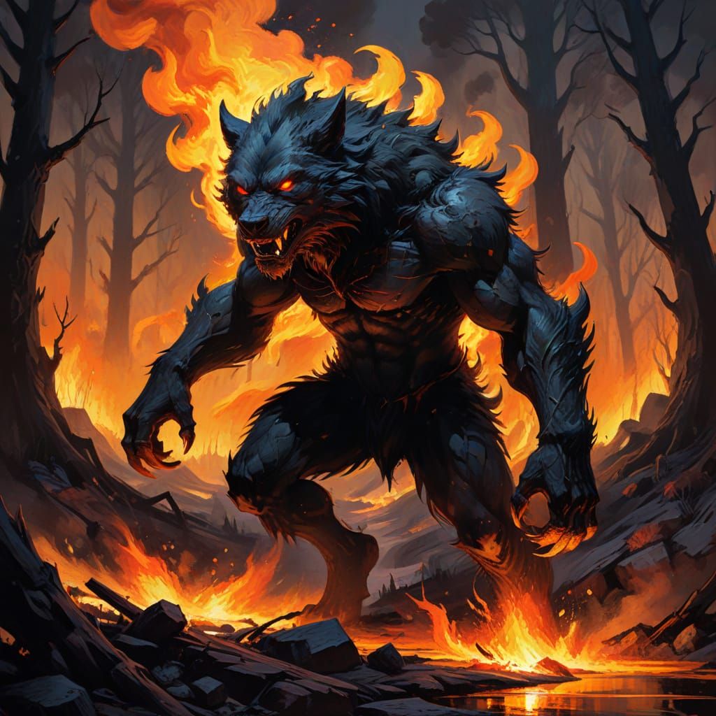 Werewolf Emerge from Blazing Inferno in Vibrant Oi... - AI Art