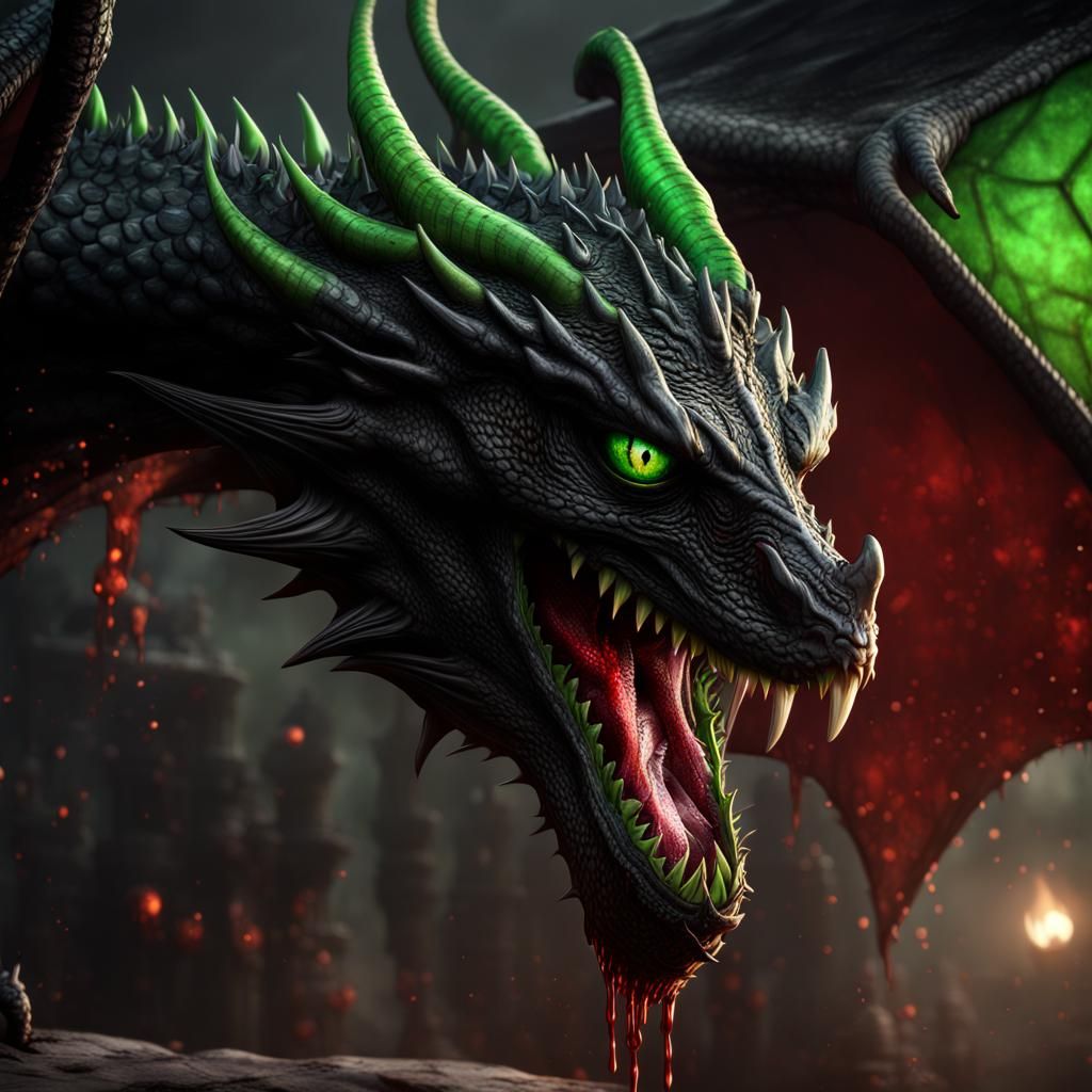 Black dragon dripping blood out of its mouth with green eyes - AI ...