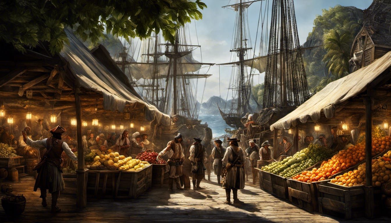 Fruit market on the pirate harbor - AI Generated Artwork - NightCafe Creator
