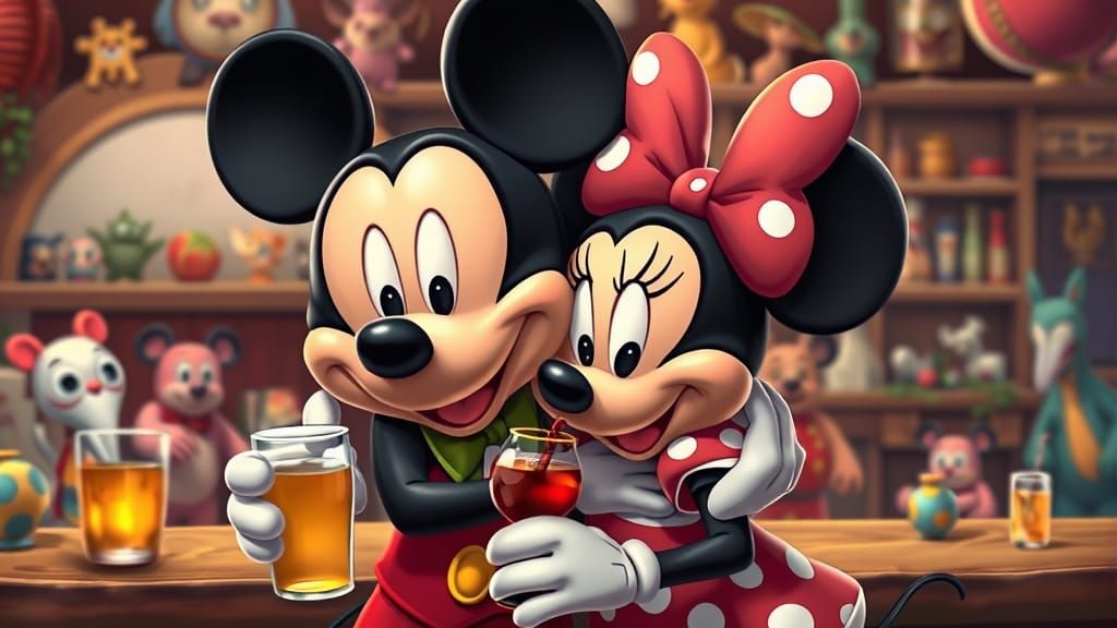 Mickey Mouse Hugs Drunk Minnie in Hyperrealistic C... - AI Art