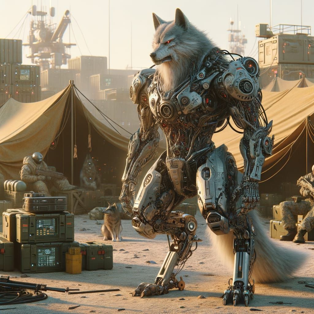Cyborg Werewolf at Futuristic Military Camp - AI Art