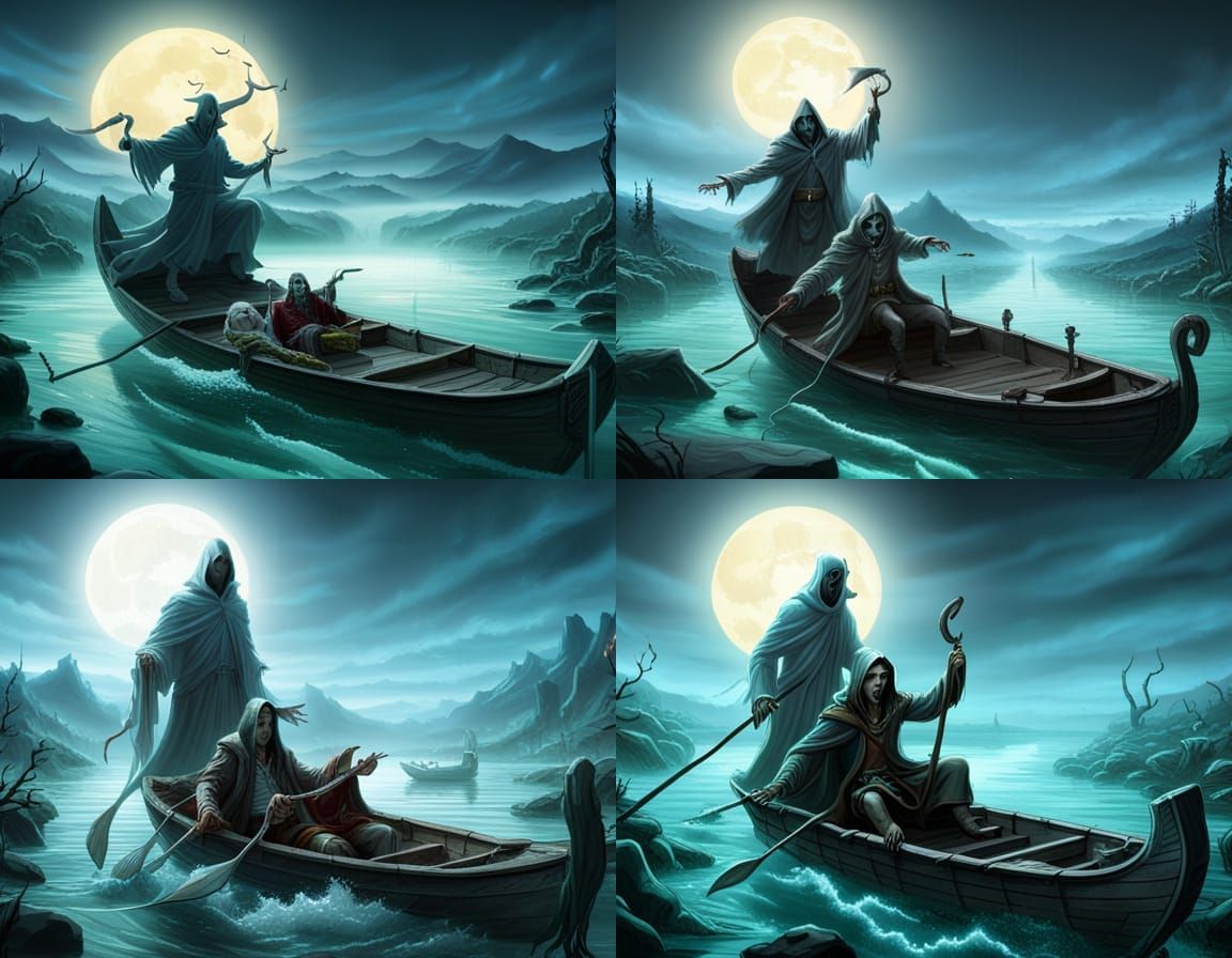 An ethereal ghost paying a skeletal Charon the boatman 2 gold coins for ...