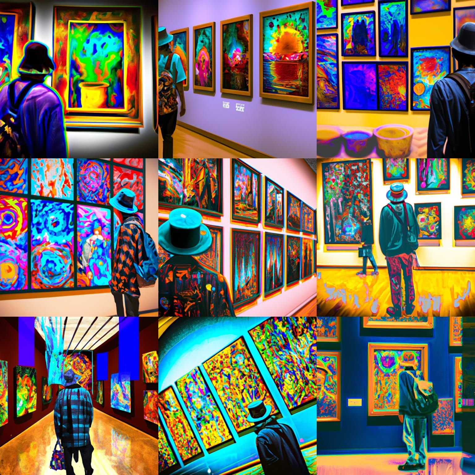 dark Psychedelic tie dye homeless man in bucket hat at art gallery ...