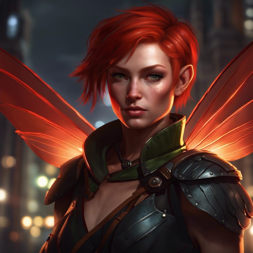 Portrait of a fairy rogue with short red hair and pointed ears,with ...