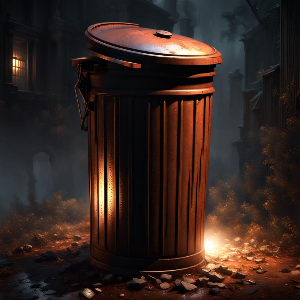 Portrait Rusty trash can (with lid falling off 1.5) in misty moon glow at night light - AI ...