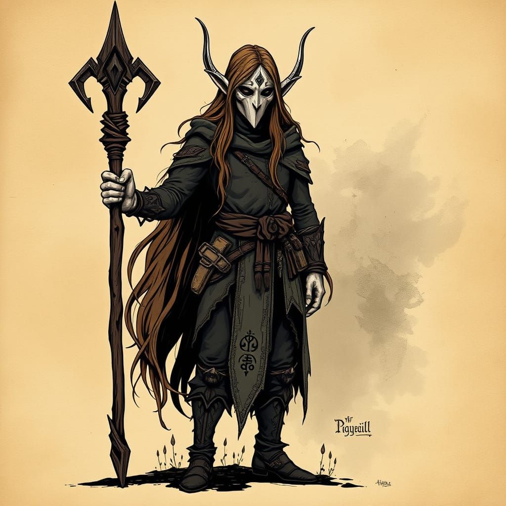 Druid Elf Sketch in Vintage Style - AI Art