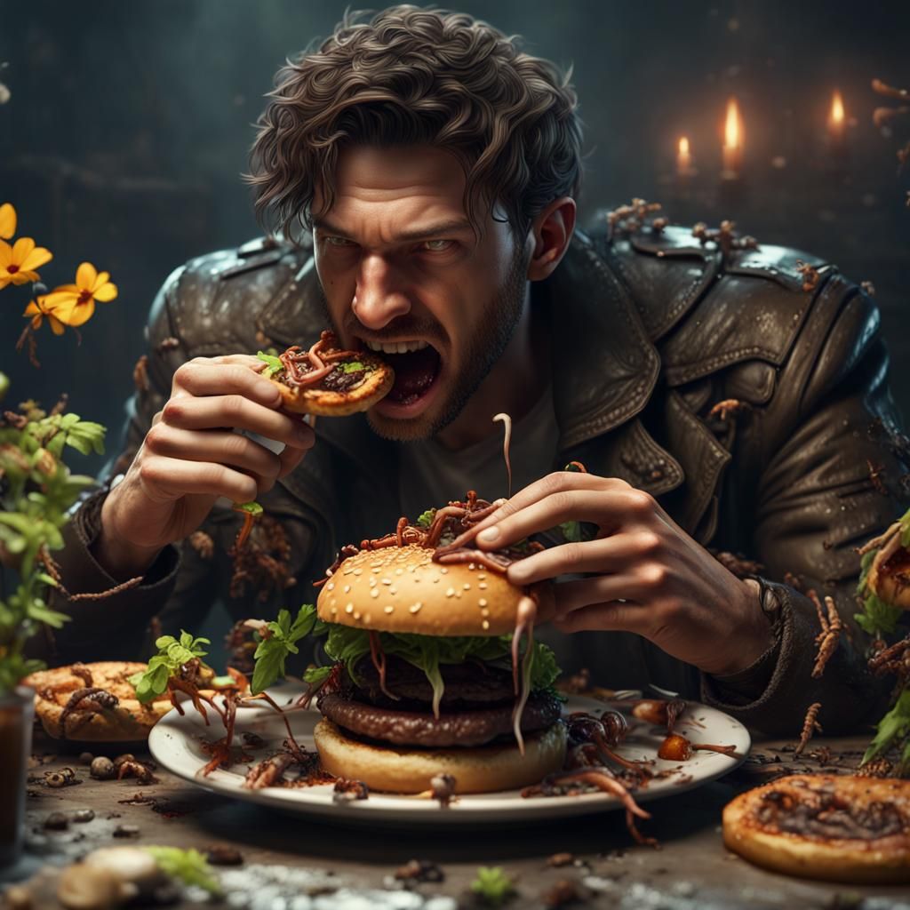 handsome man eating Rotten Hamburger full of worms, spiders, ants ,dark ...