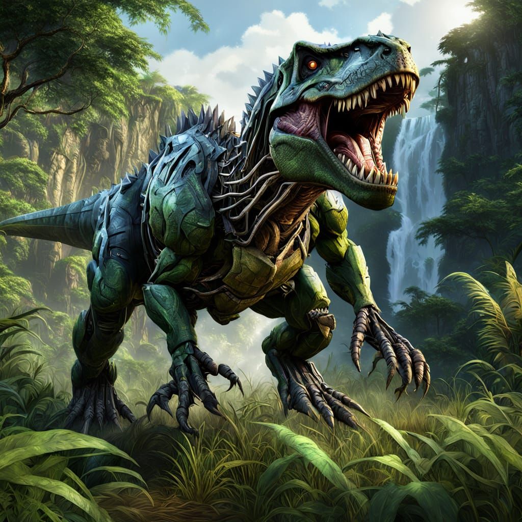 Mecha T-Rex - Mecha T-Rex in Futuristic Jungle Battle Scene