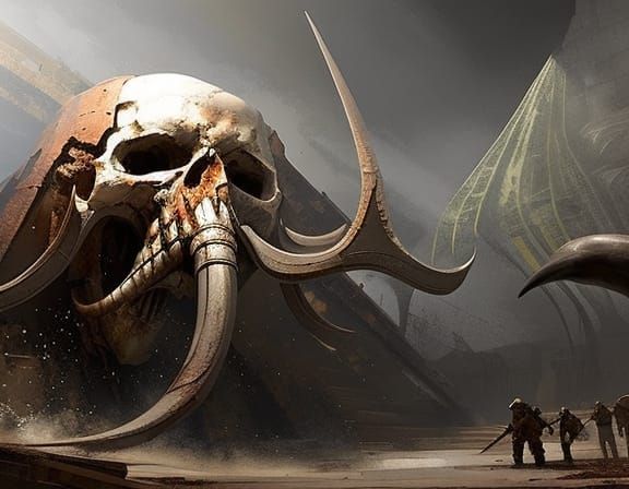 the massive giant skull of a mammoth with impressive huge tusks at the ...