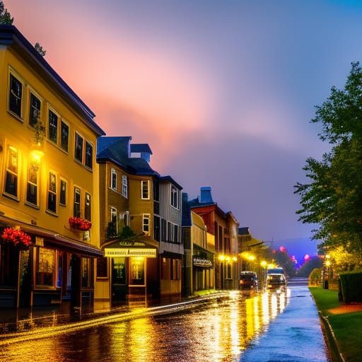 a small town in the style of Thomas Kinkade with a lot of rain and ...