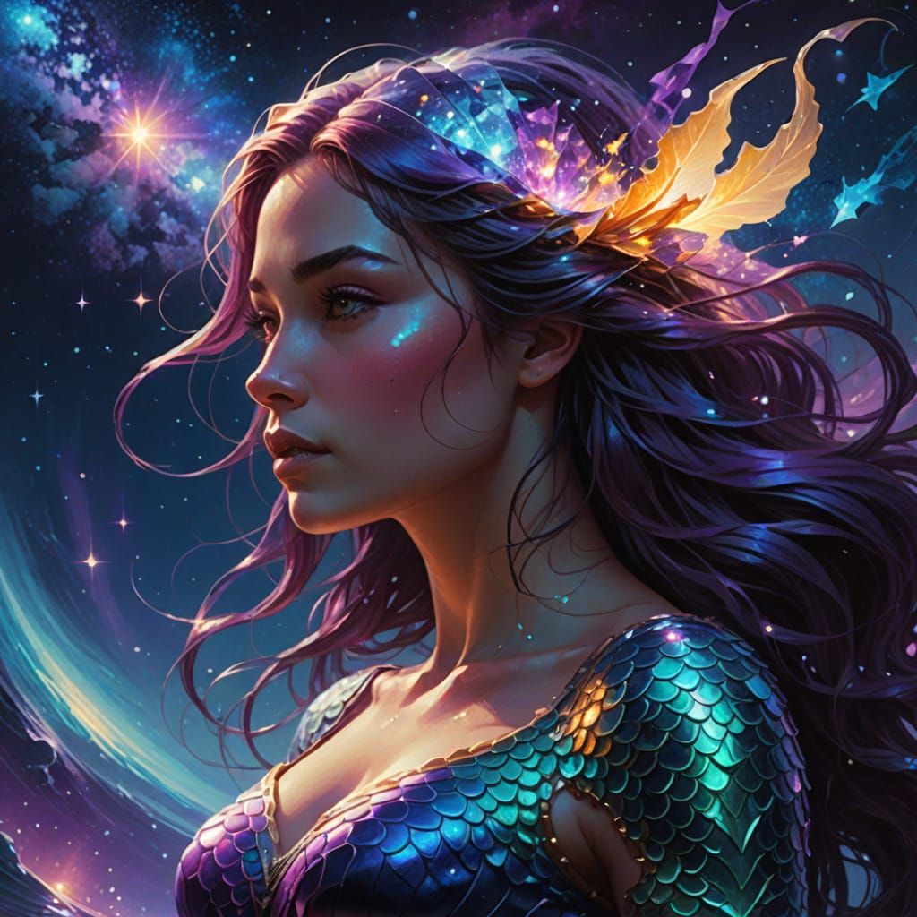Cosmic Mermaid Shines Among Vibrant Starry Skies - AI Art