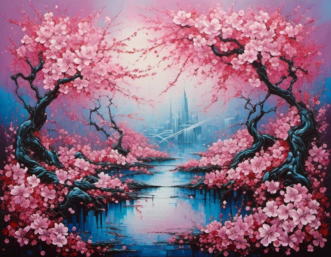 Surreal flower landscape made entirely out cherry blossoms; style of ...