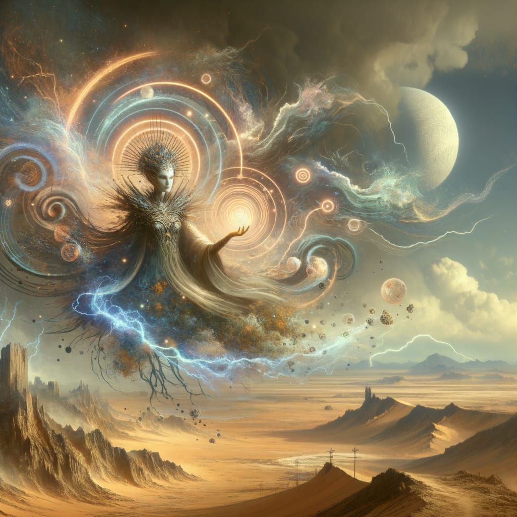 A beautiful and mysterious goddess in foreground, all around her she is ...