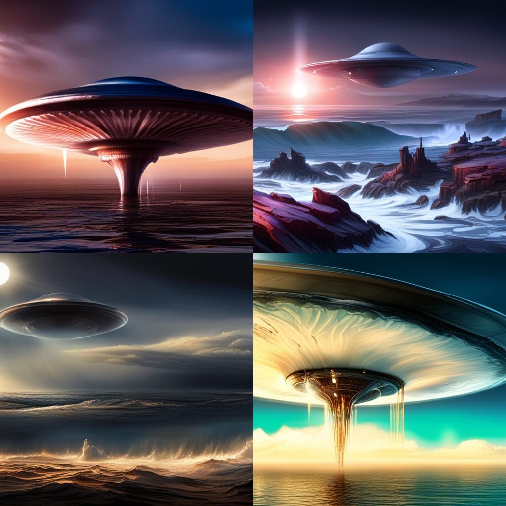 super closeup of massive UFOs emerging from the ocean, water dripping ...