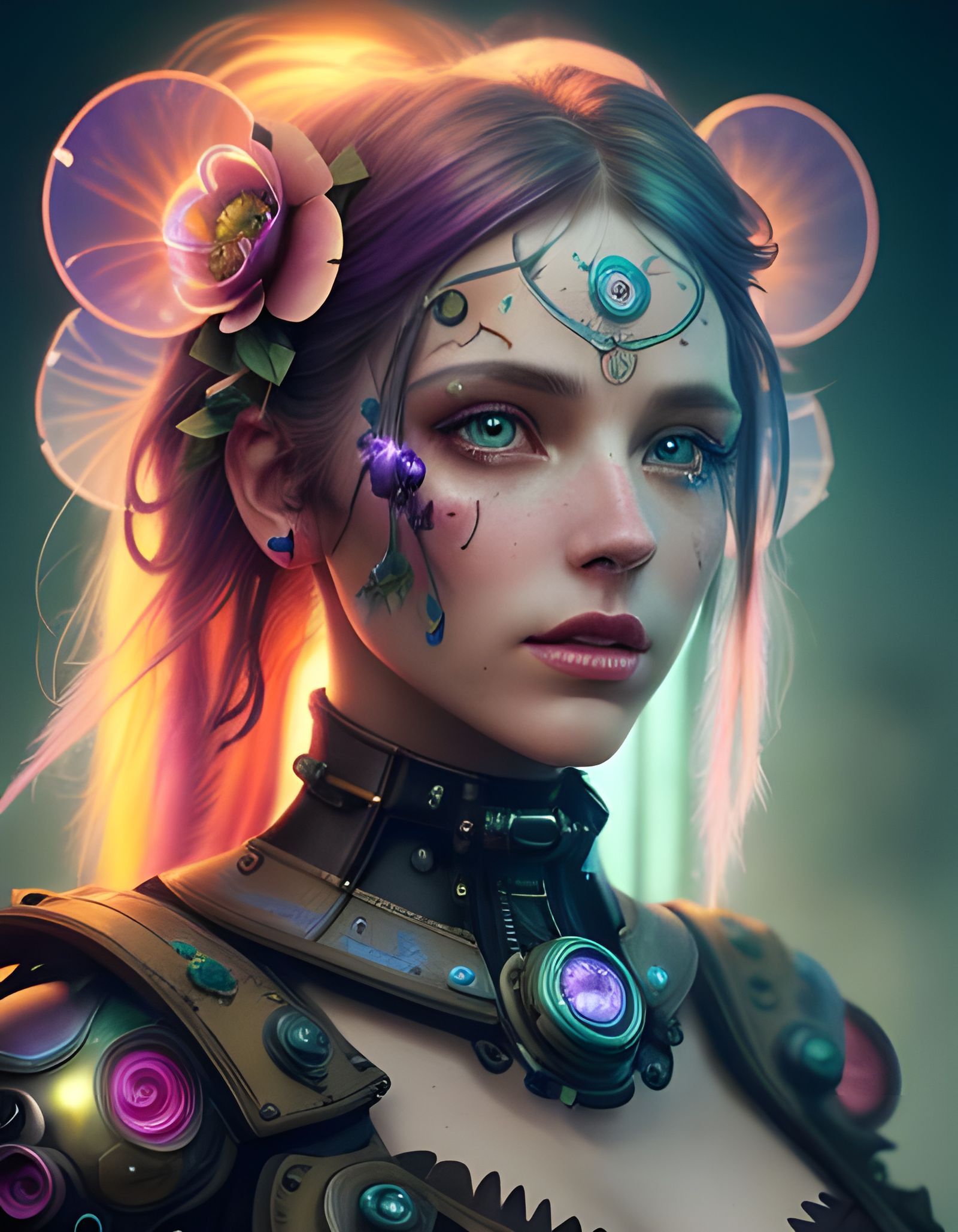 Steam punk fantasy woman colorful. Flowers in hair. Beautiful skin ...