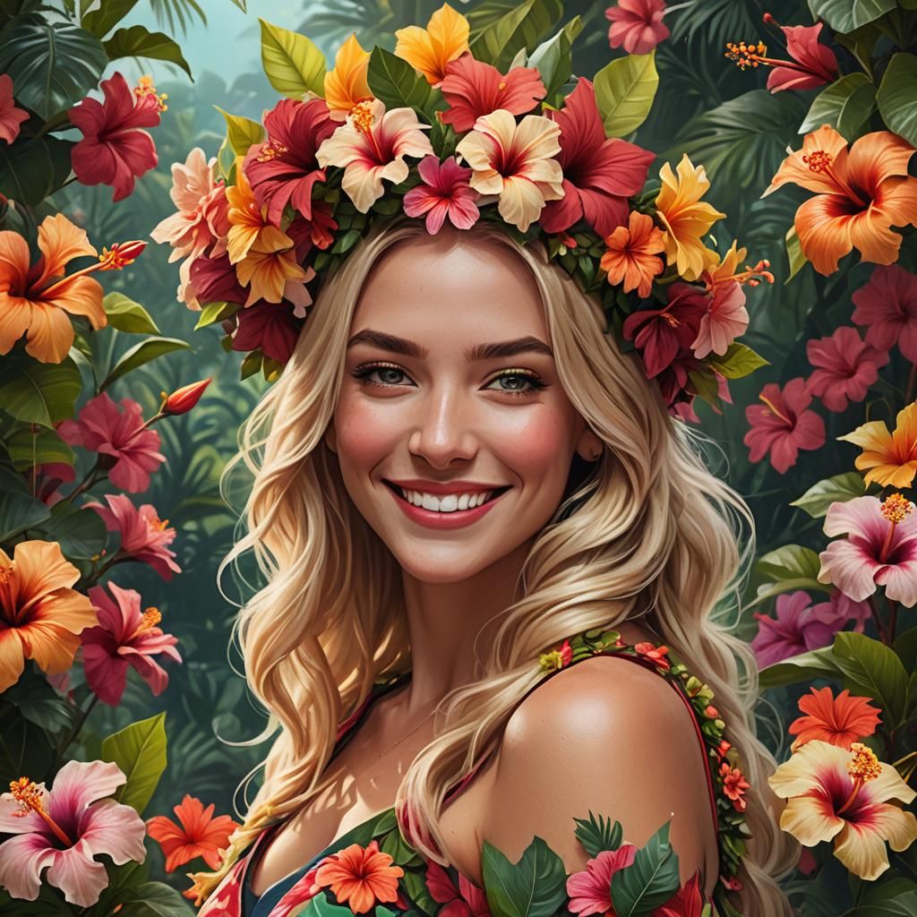 A beautiful smiling blond girl wearing a large hibiscus flower crown ...