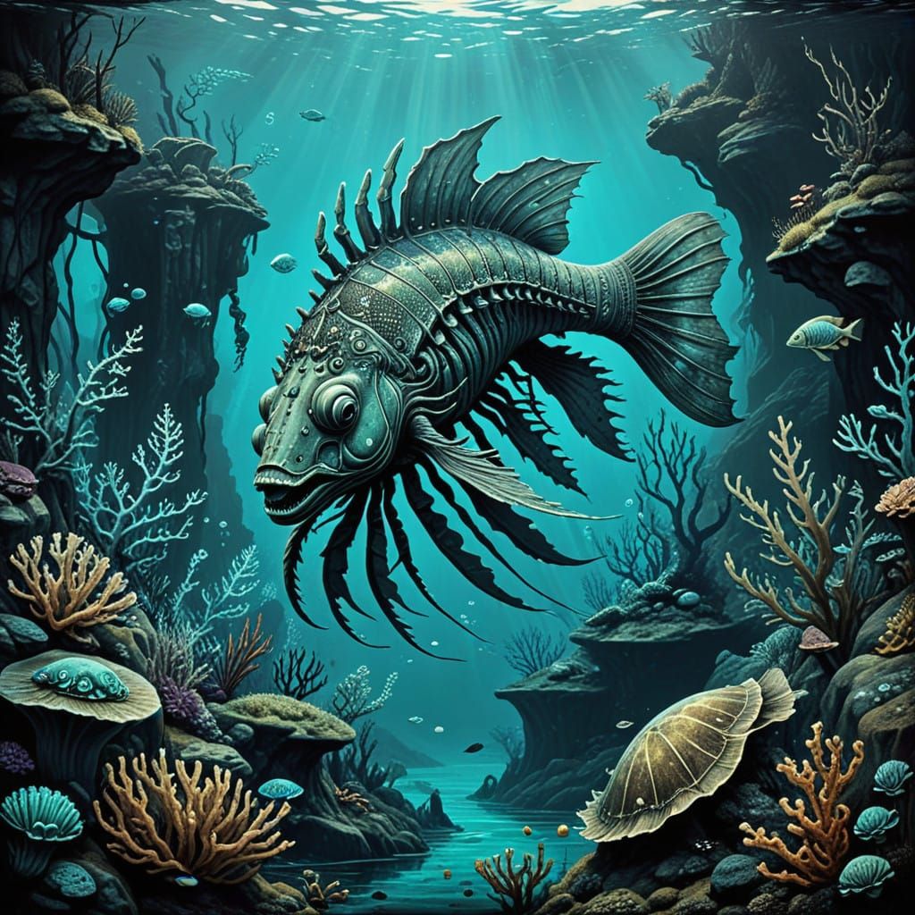 Ancient Aqua Fantasies: Mysterious Ink Drawings of... - AI Art