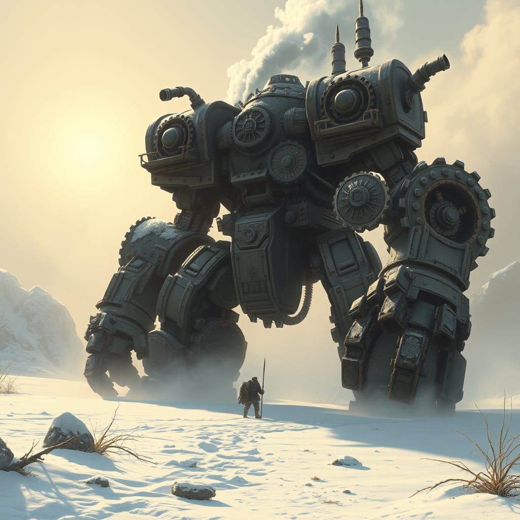 Ethereal Steampunk Golem Guards Frostbitten Wastel... - AI Art