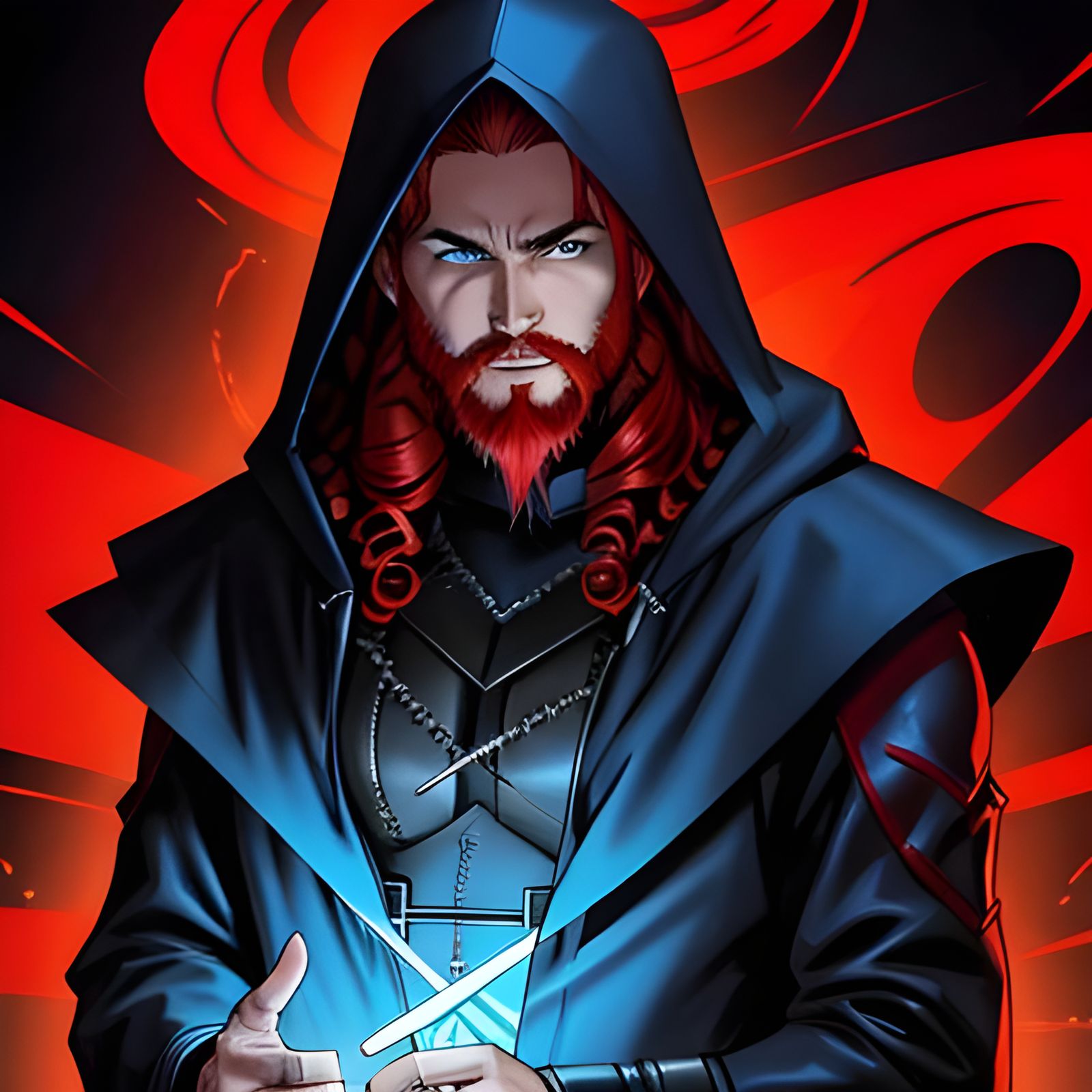 Hooded older male, Glowing blue eyes, red curly hair and beard. In the ...
