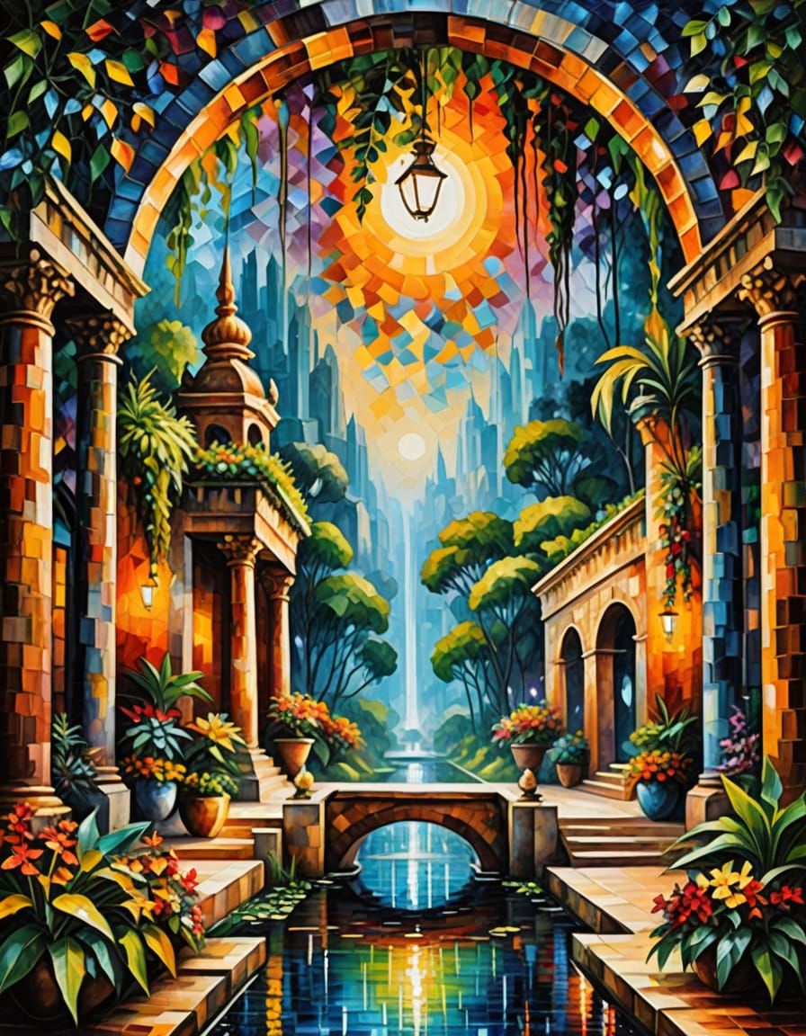 Vibrant Nighttime Landscape of Ancient Hanging Gar... - AI Art