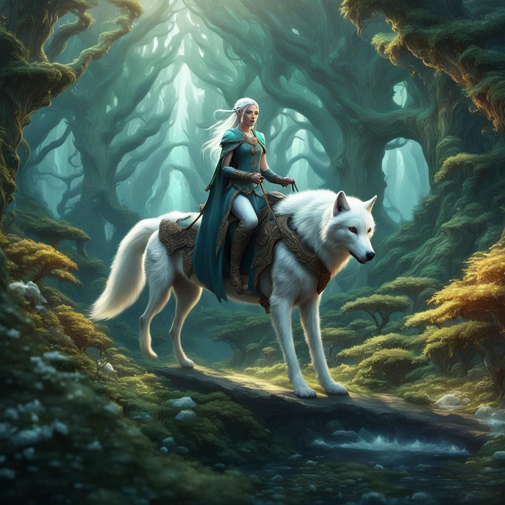 Female elf riding on a white wolf through a megical forest - AI ...